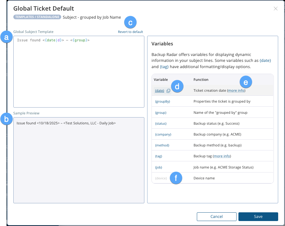 Working with global ticket defaults – Backup Radar